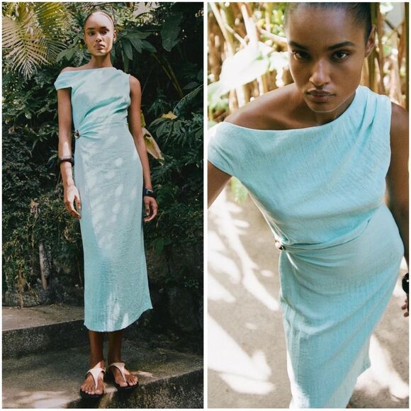 Zara | Dresses | Zaraasymmetric Linen Midi Dress With Appliqu | Poshmark
